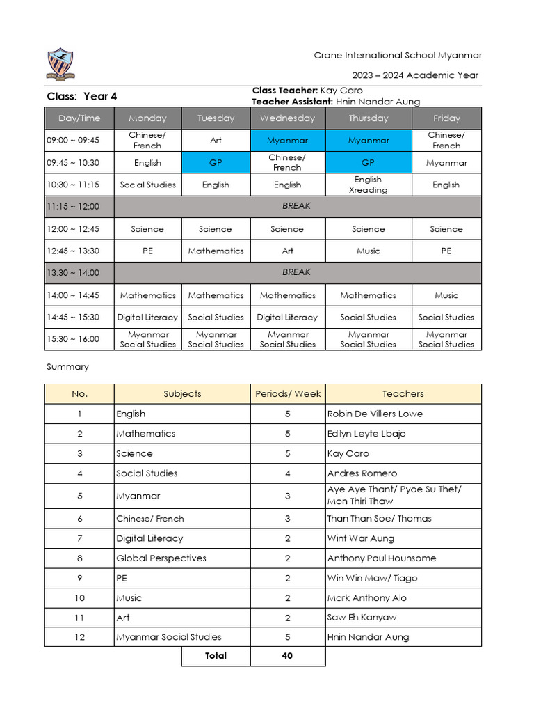 Y4 - 2023-2024 - Updated Timetable - 12-Dec | PDF | Science | Observation