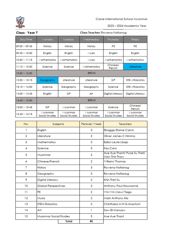 Y7 - 2023-2024 - Updated Timetable - 12-Dec | PDF | Science | Observation