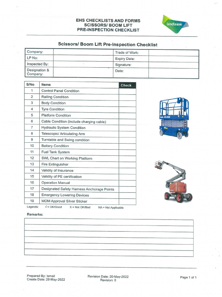 Pre Inspection Chekclist For Boomlist & Scissorlift | PDF