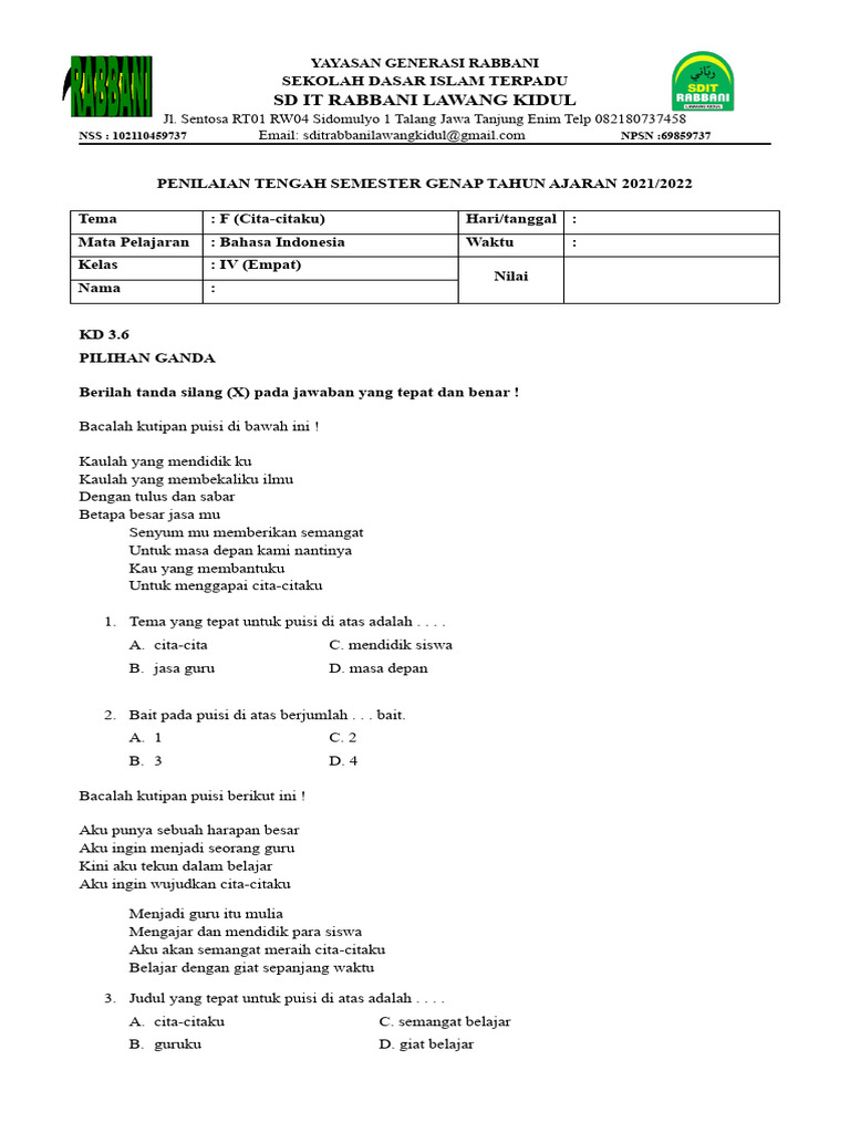 Soal PTS Kelas 4 Bahasa Indonesia Semester Genap | PDF