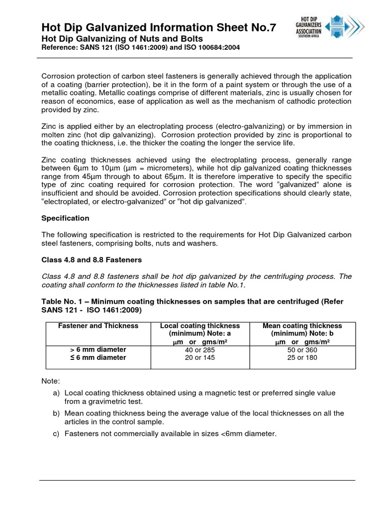 Hot Dip Galvanized Information Sheet No.7 | PDF | Screw | Zinc