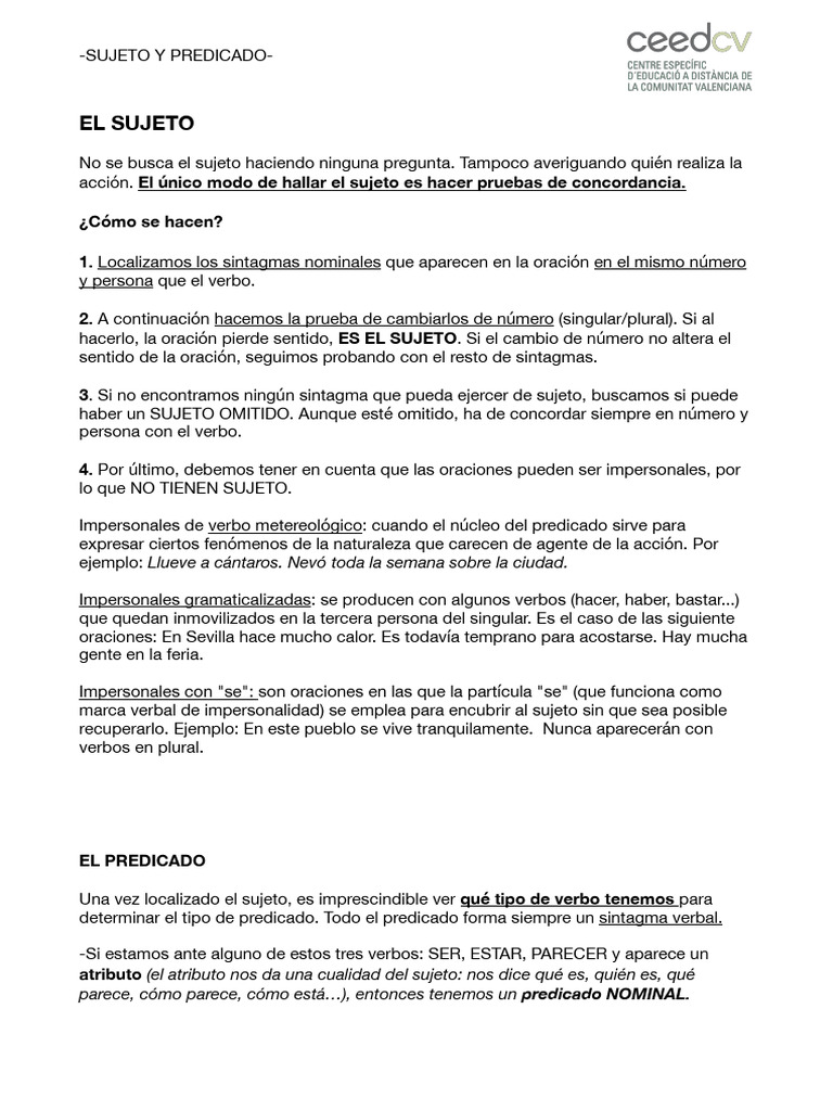 Sujeto y Predicado en Oraciones | PDF | Predicado (Gramática) | Asunto ...