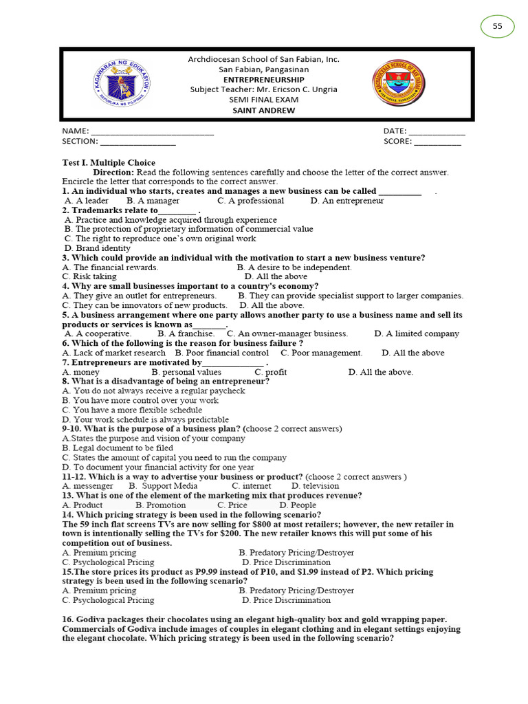 Semi Final Exam Entrep | PDF | Pricing | Entrepreneurship
