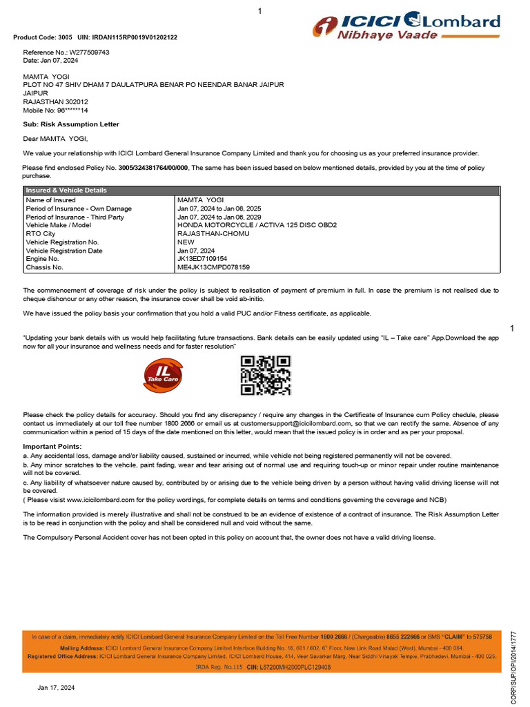 Sub: Risk Assumption Letter: Insured & Vehicle Details | PDF ...