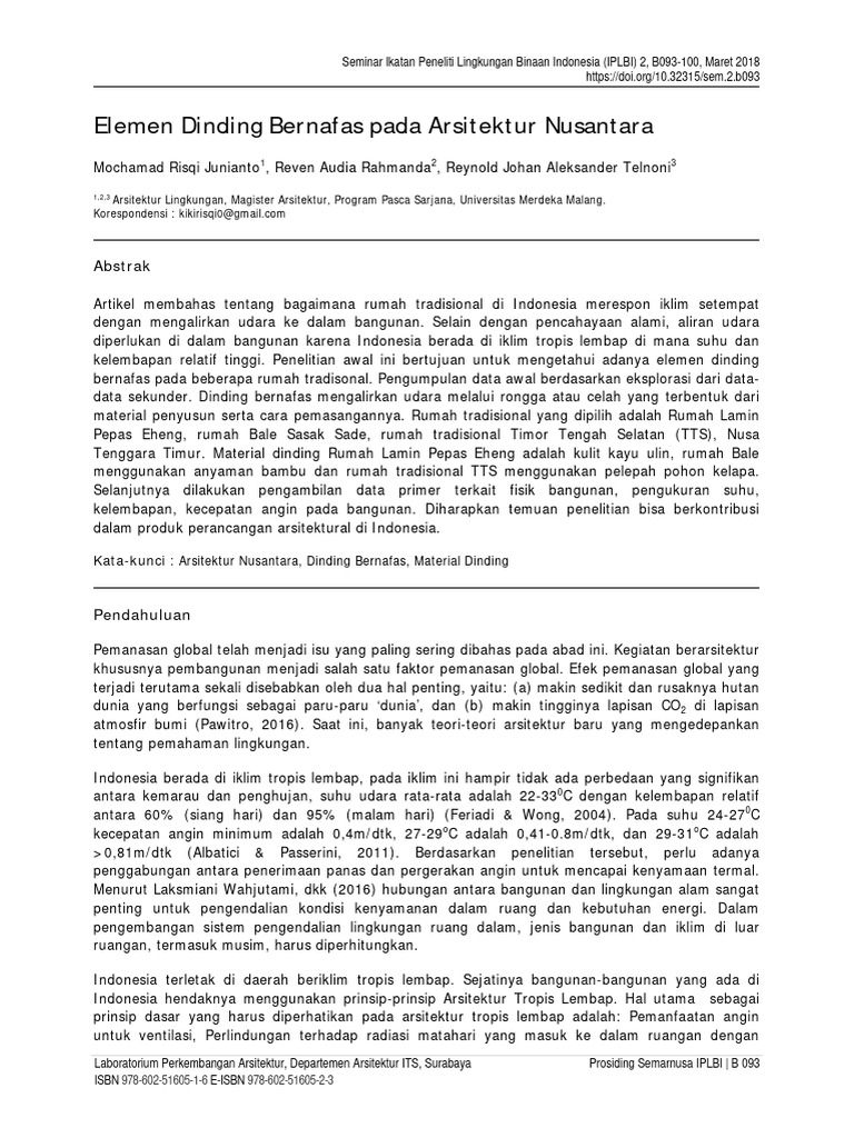 IPLBI 2018 B093 100 Elemen Dinding Bernafas Pada Arsitektur Nusantara | PDF