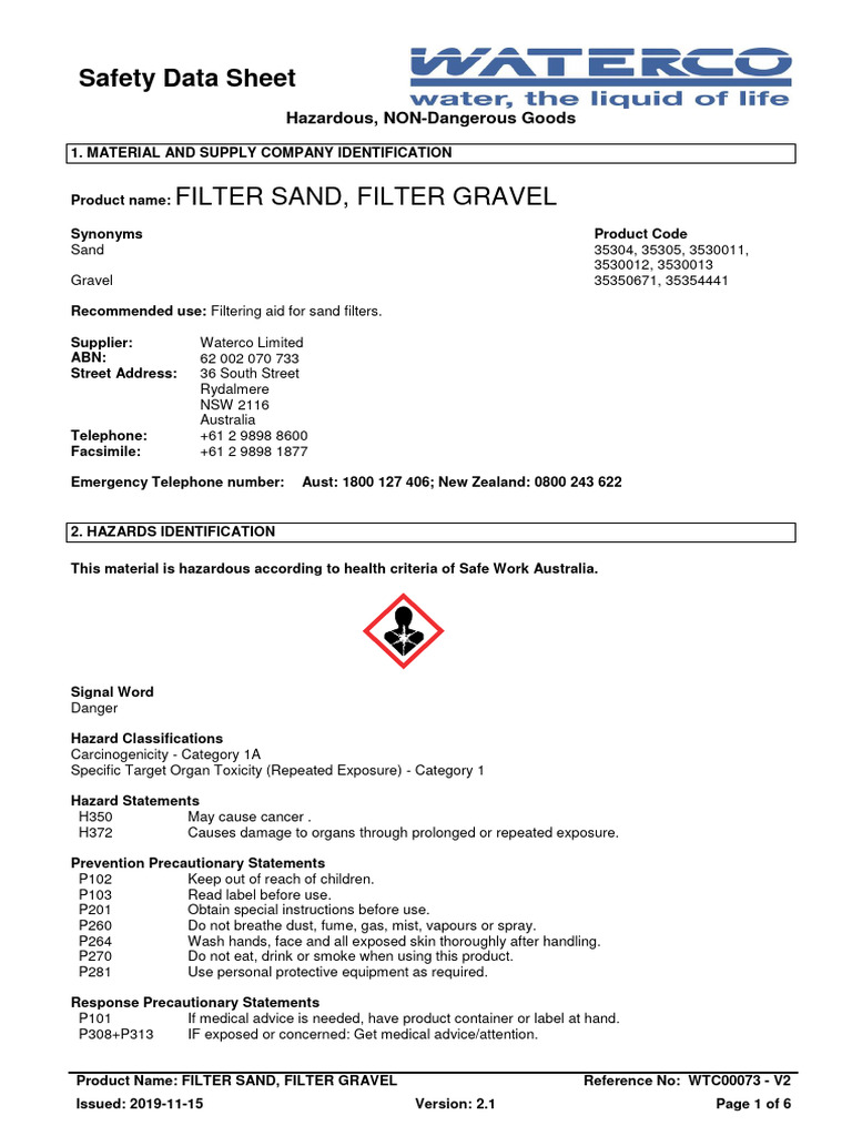 Filter Sand Safety Data Sheet | PDF | Toxicity | Personal Protective ...