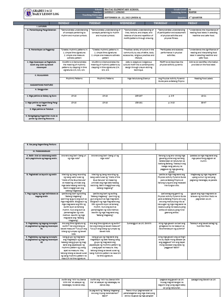 DLL - Mapeh 4 - Q1 - W4 | PDF | Elements Of Music | Entertainment