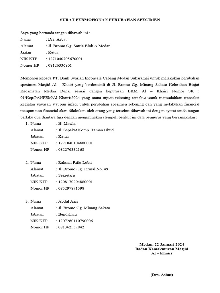 Surat Permohonan Perubahan Specimen Bank | PDF