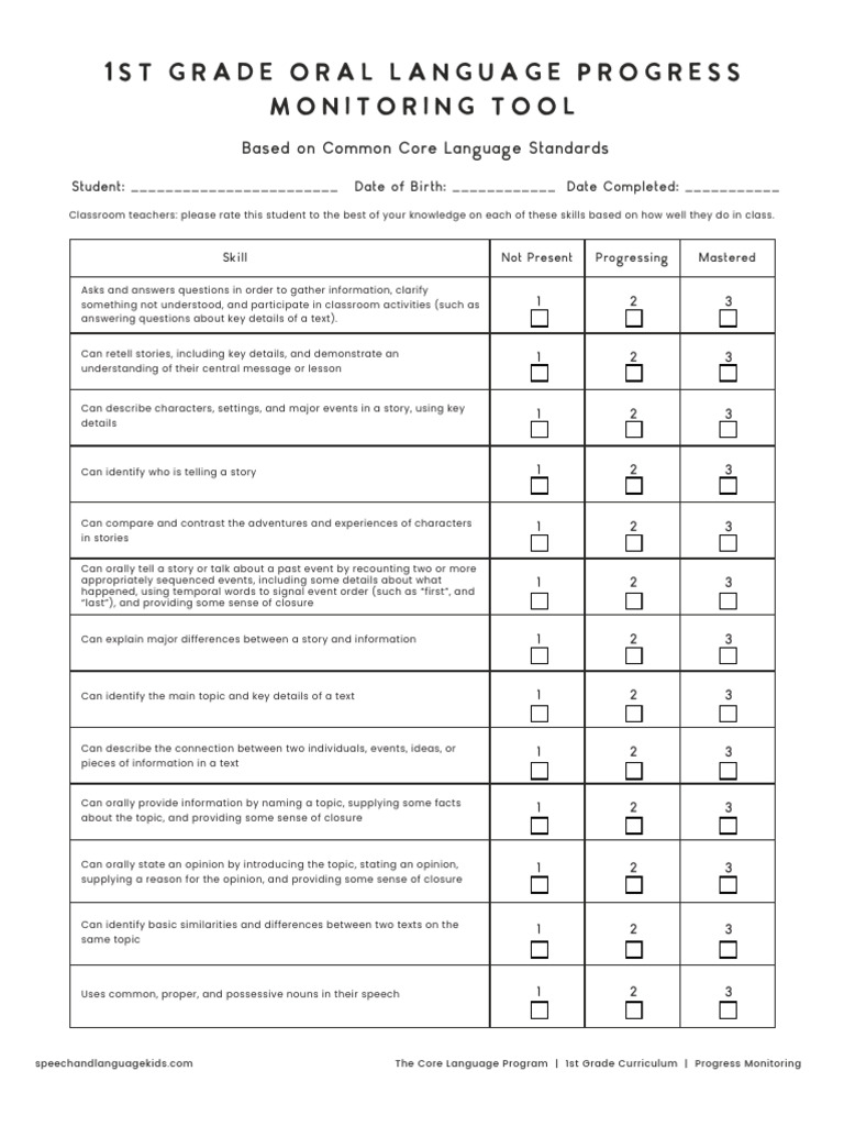1st Grade Oral Language Progress Monitoring Tool: Based On Common Core ...