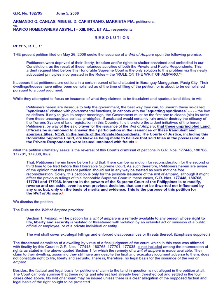 Canlas VS Napico (Woa) | PDF | Writ | Government Institutions