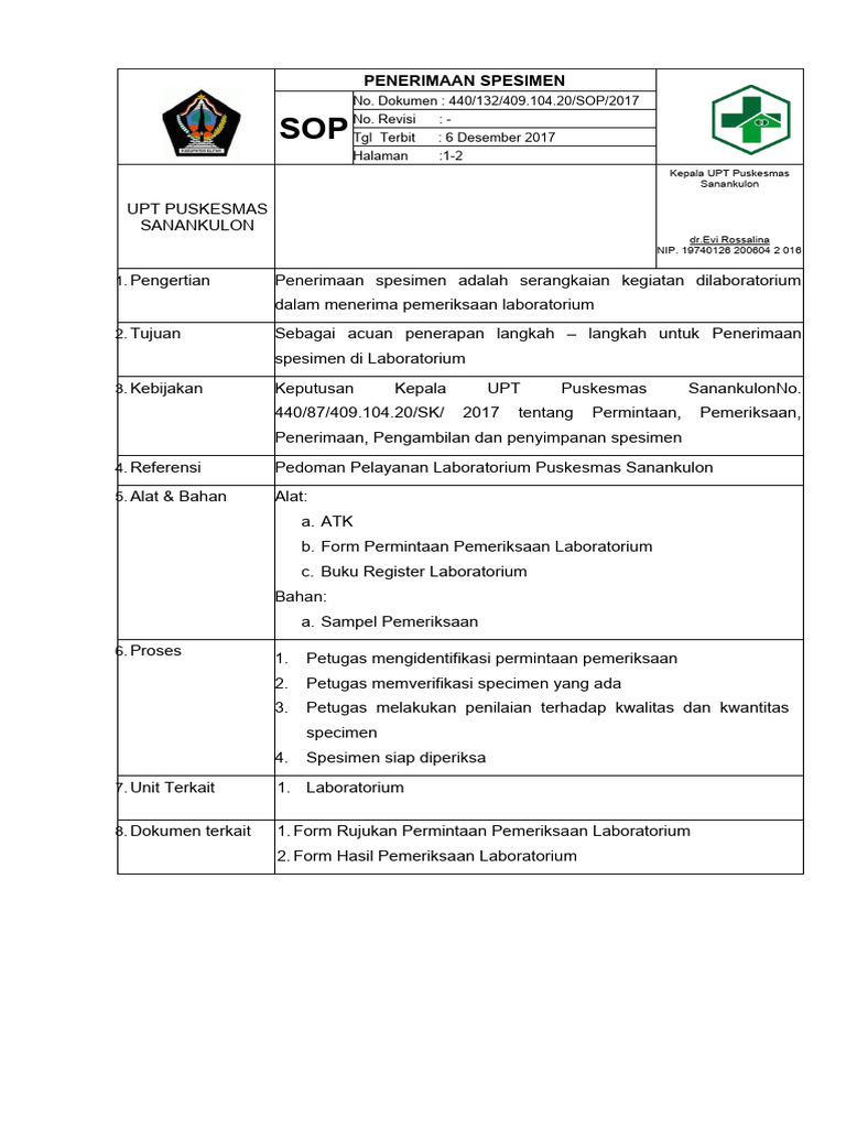 SOP Penerimaan Spesimen | PDF