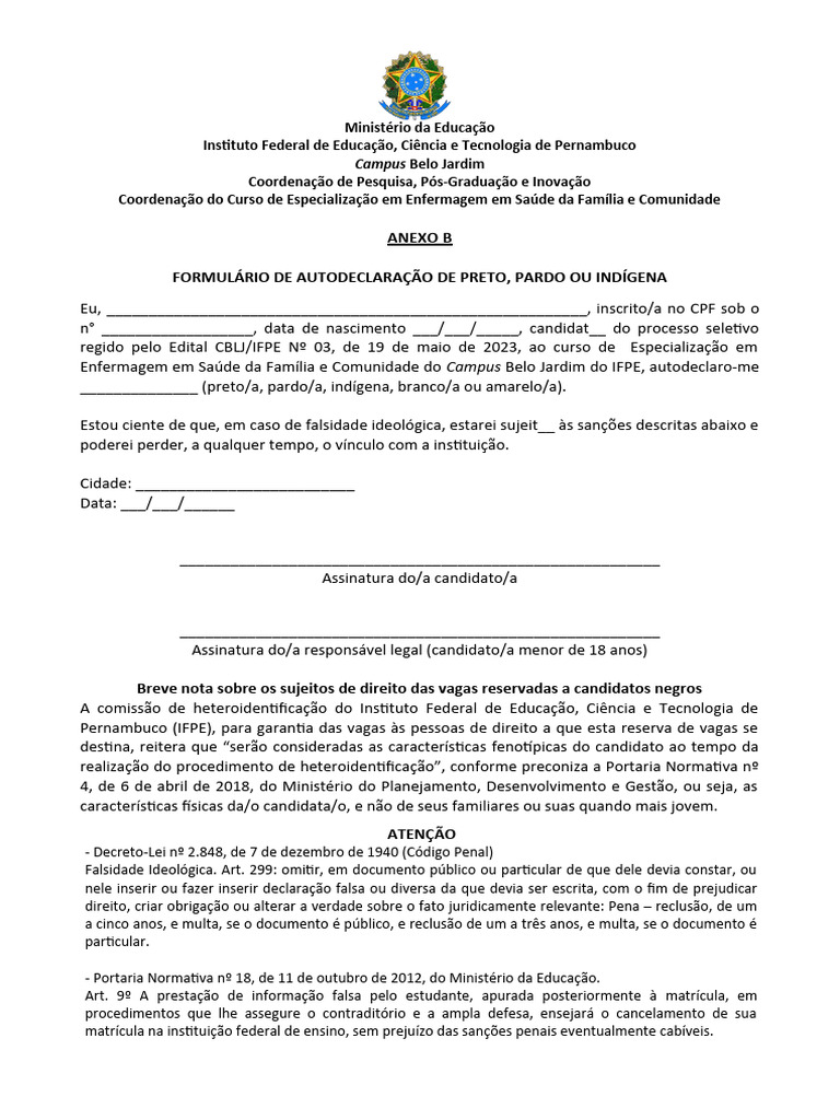 Anexo B Formulario de Autodeclaracao de Preto Pardo Ou Indigena ...