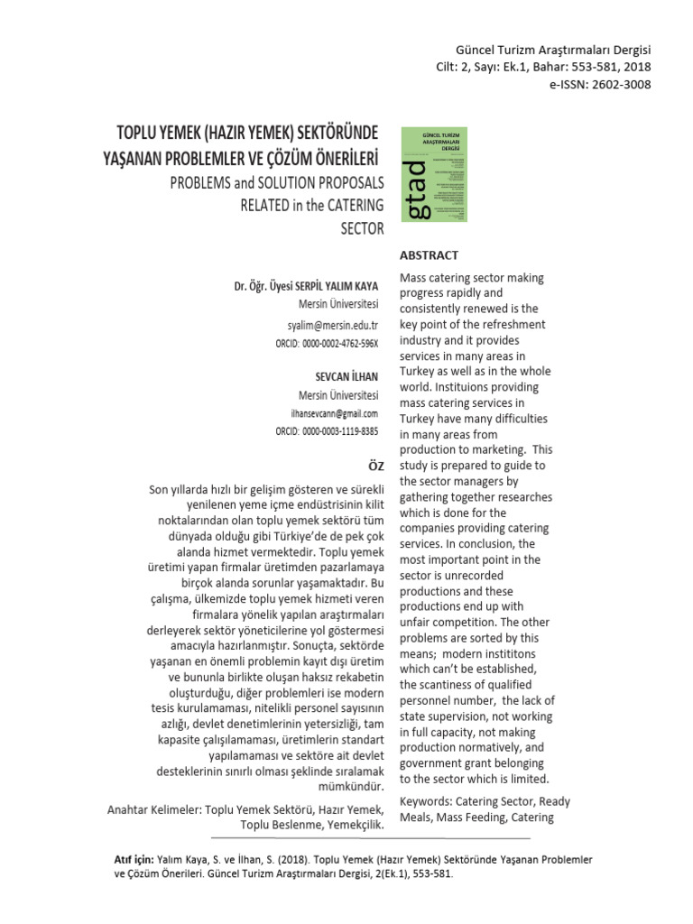 Toplu Yemek (Haz - R Yemek) Sekt - R - Nde Ya - Anan Problemler Ve - Z - M - Nerileri (#448170 ...