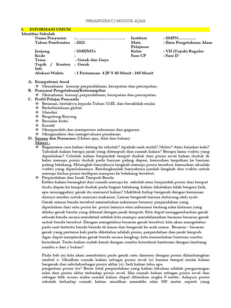 Modul Ajar Pertemuan Ke 1 Gerak Dan Gaya | PDF