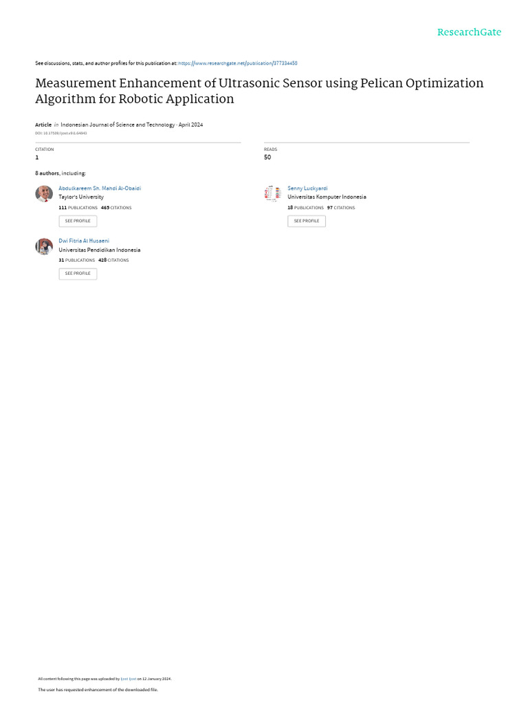 Measurement Enhancementof Ultrasonic Sensorusing Pelican Optimization Algorithmfor Robotic ...