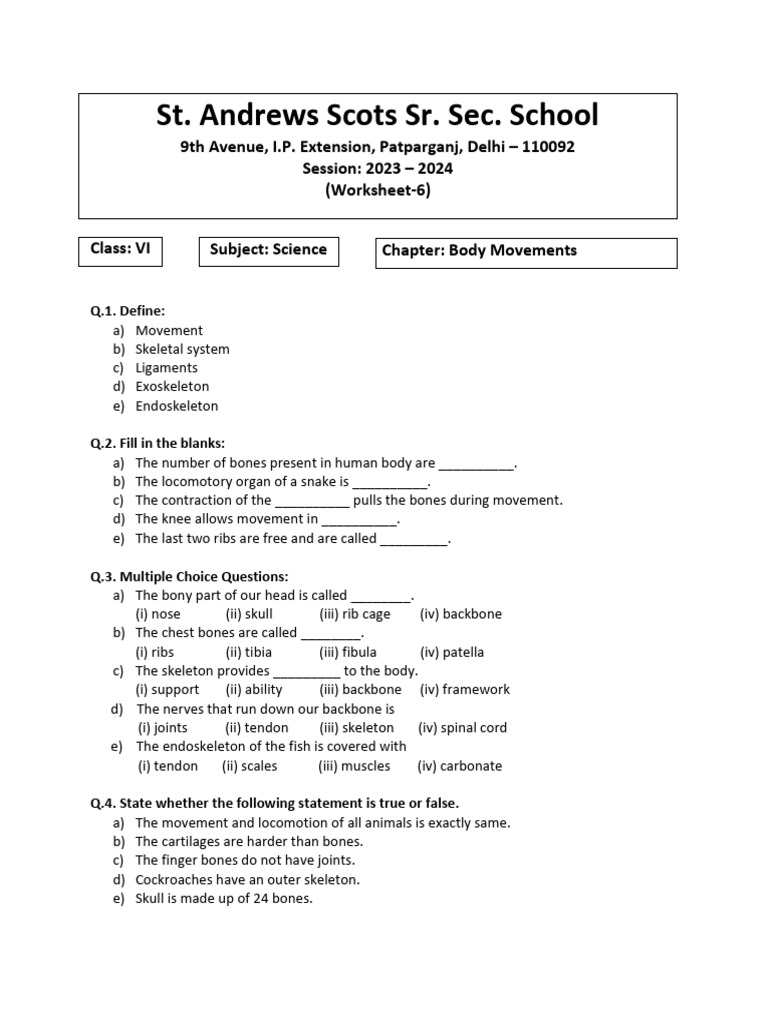 Science - Body Movements Worksheet-6 (VI) | PDF