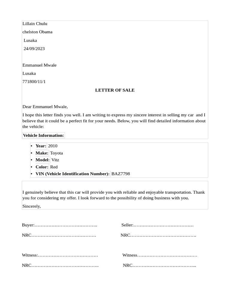 Vehicle Sale Letter for Toyota Vitz | PDF