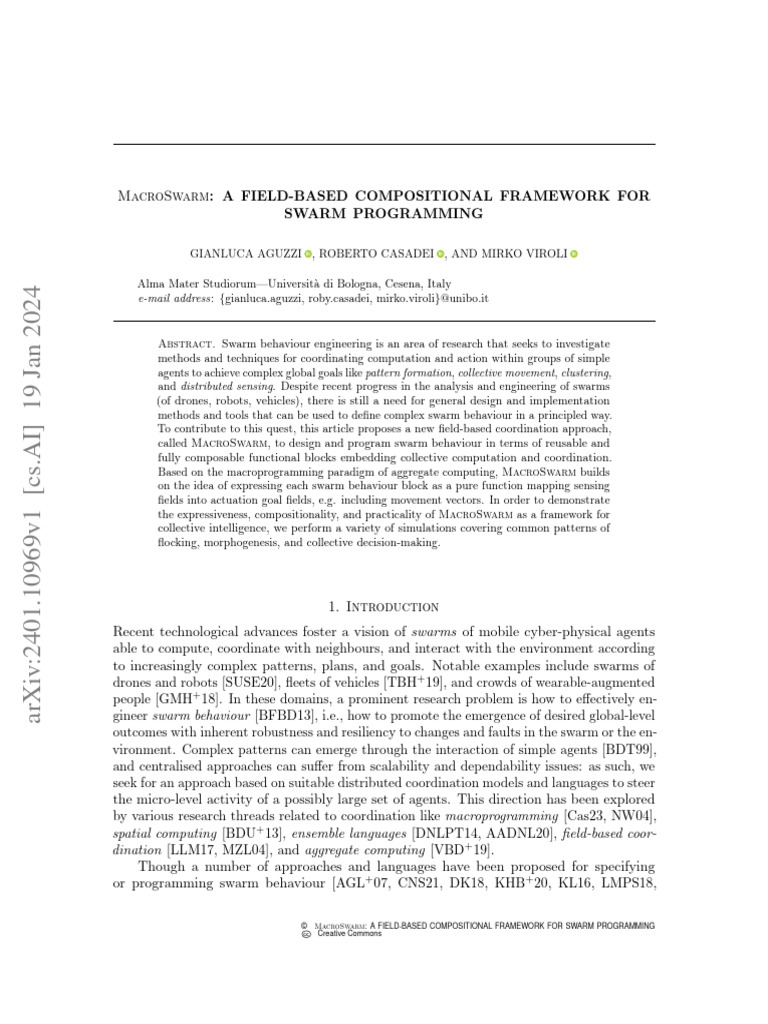 Macroswarm A Field Based Compositional Framework For Swarm Programming Pdf Parameter 