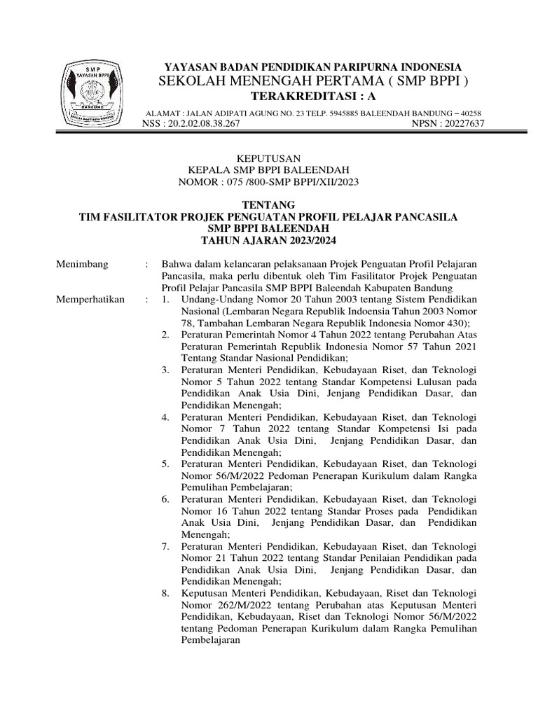 Pembentukan Tim Fasilitator SMP BPPI | PDF