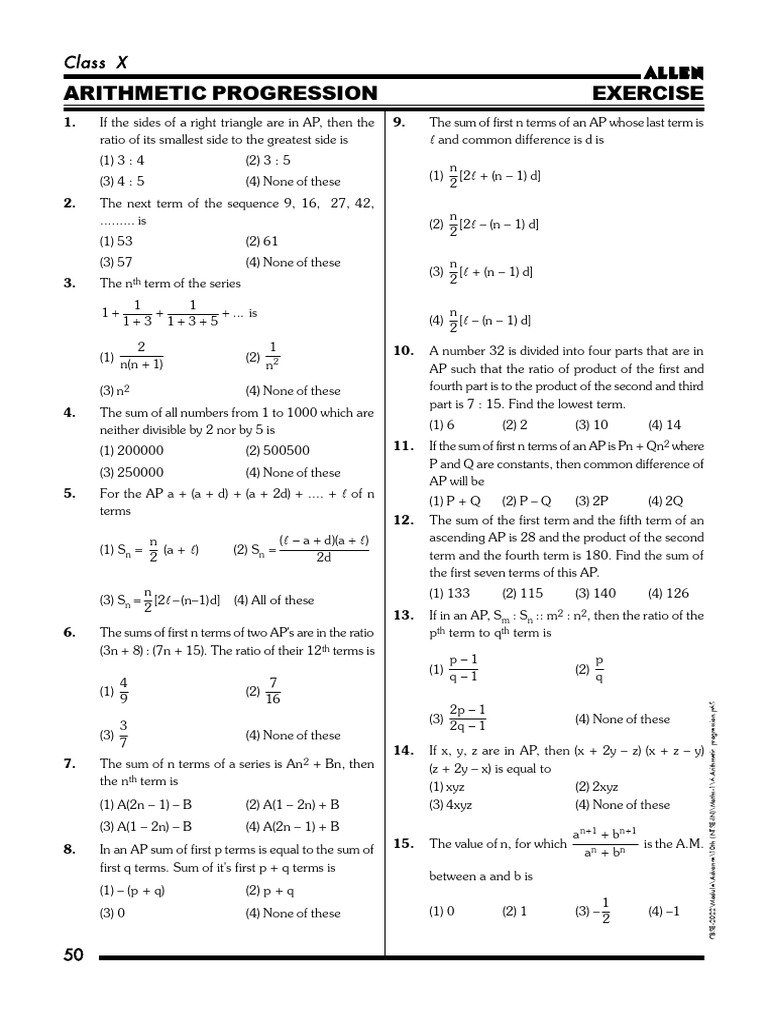 PA10MT - Ex - Arithmetic Progression (A) | PDF | Mathematical Analysis | Mathematical Concepts