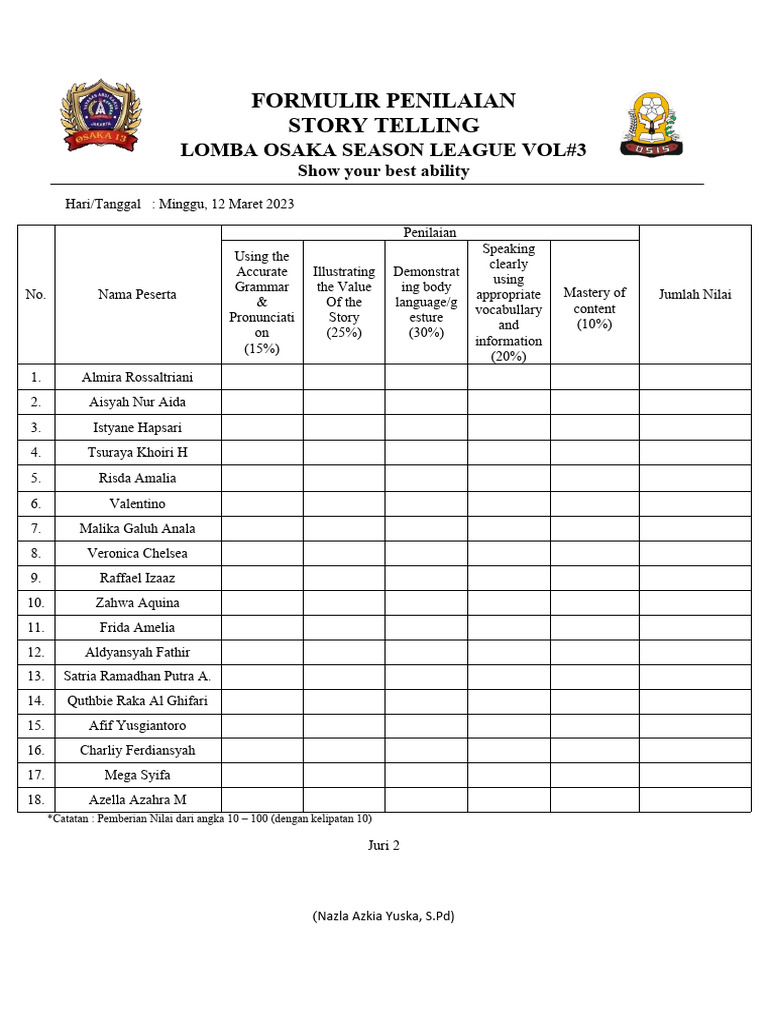 Format Penilaian Lomba Storytelling Juri 2 | PDF