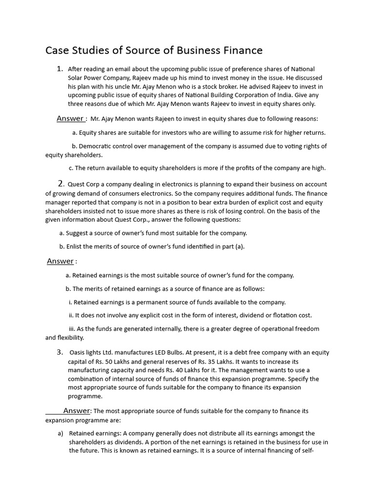 Case Studies of Source of Business Finance | PDF | Stocks | Finance ...