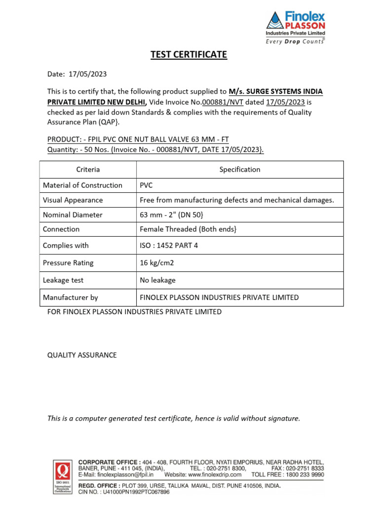 PVC Ball Valve Test Certificates (63MM) | PDF
