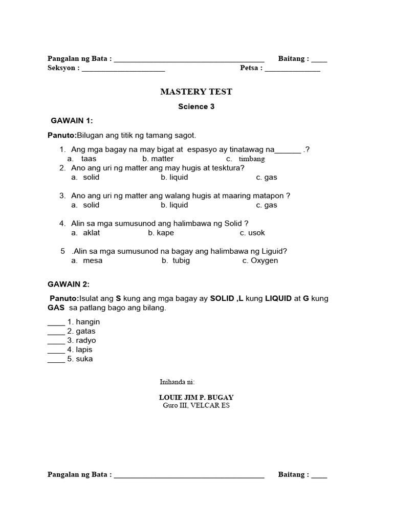 Mastery Test Grade 3 2020 2021 | PDF