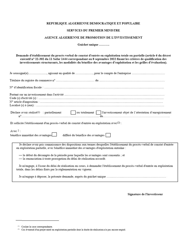 Demande Detablissement Du Proces Verbal de Constat Dentree en Exploitation Totale Ou Partielle | PDF