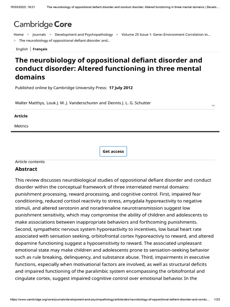 The Neurobiology of Oppositional de Ant Disorder and Conduct Disorder ...