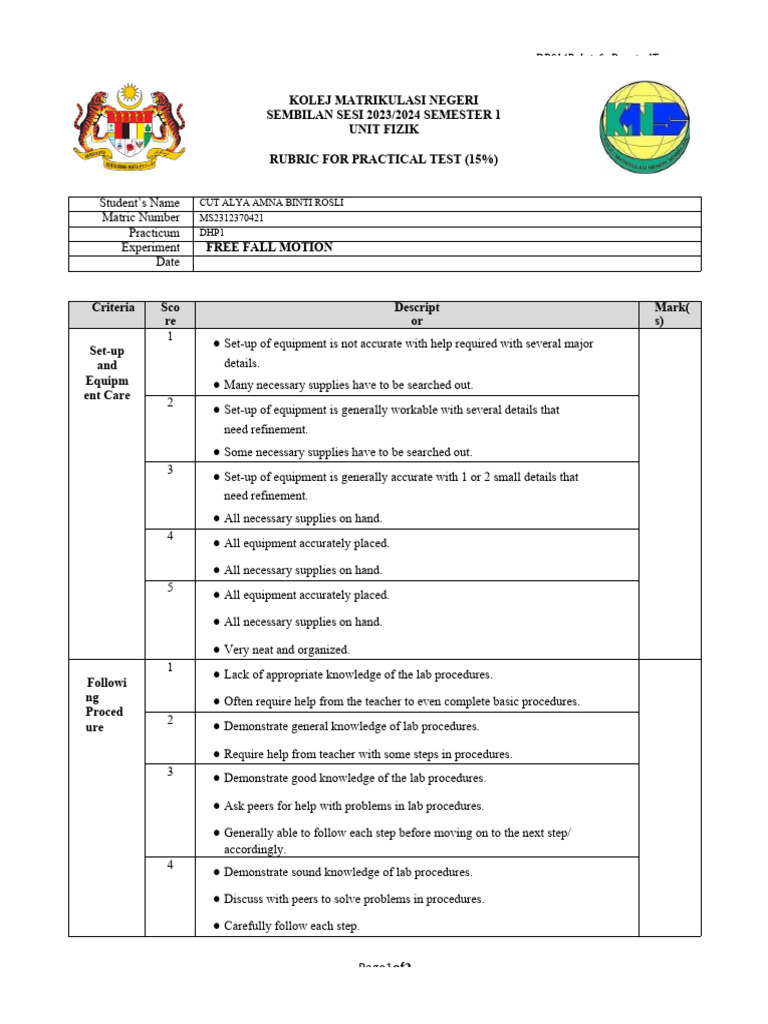 DP014-Rubric For Practical Test | PDF | Experiment | Cognition