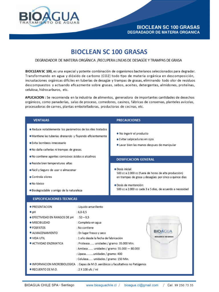 Ficha Tecnica Bacterias Bioclean SC 100 Grasas 1 | PDF