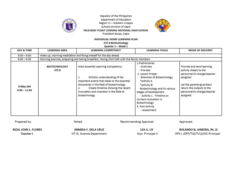 Home Learning Plan for STE 8 Biotechnology | PDF