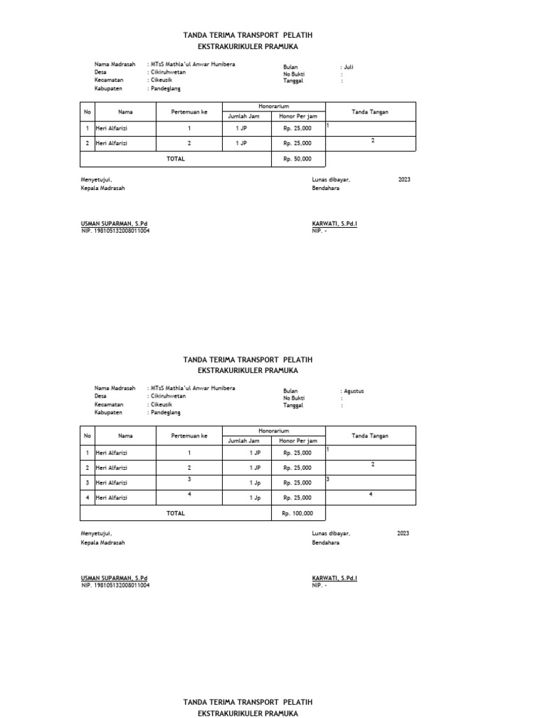 Tanda Terima Honor Ekstrakurikuler | PDF