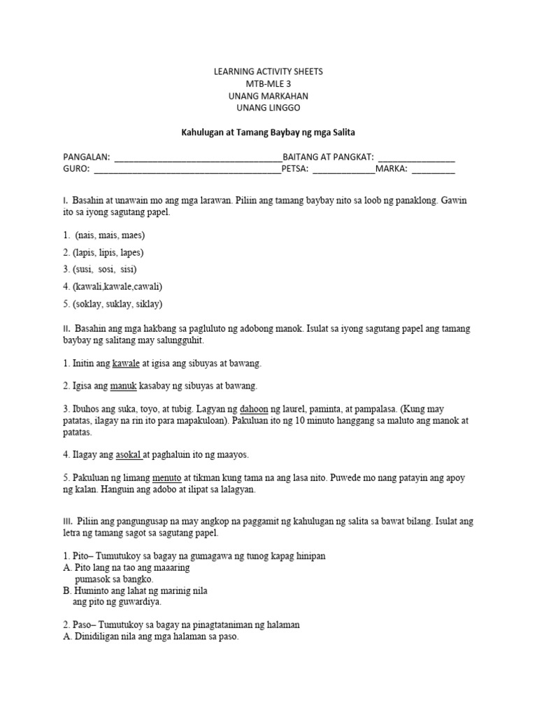 Mtb-Mle 3 Q1 W1 Learning Activity Sheets | PDF