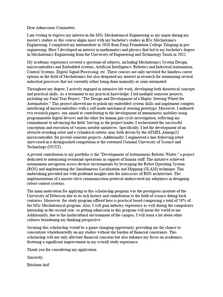 Statment of Purpose | PDF | Mechatronics | Engineering