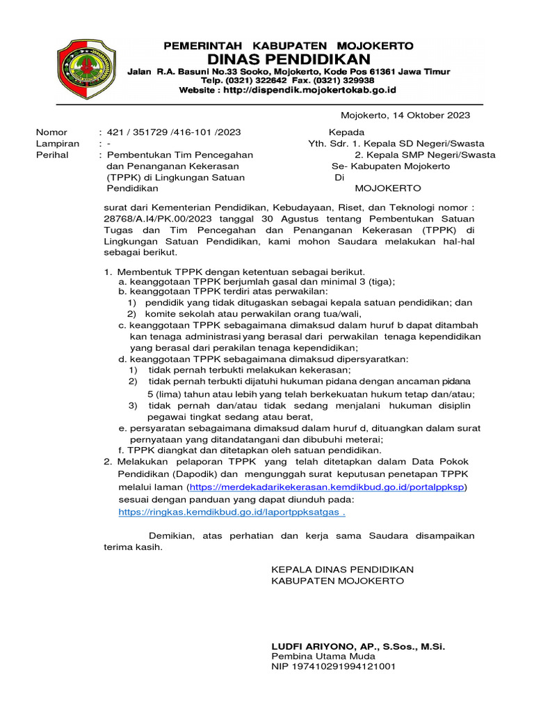 Surat Edaran - Pembentukan Pembentukan Tim TPPK Dari Bidang DIKDAS | PDF