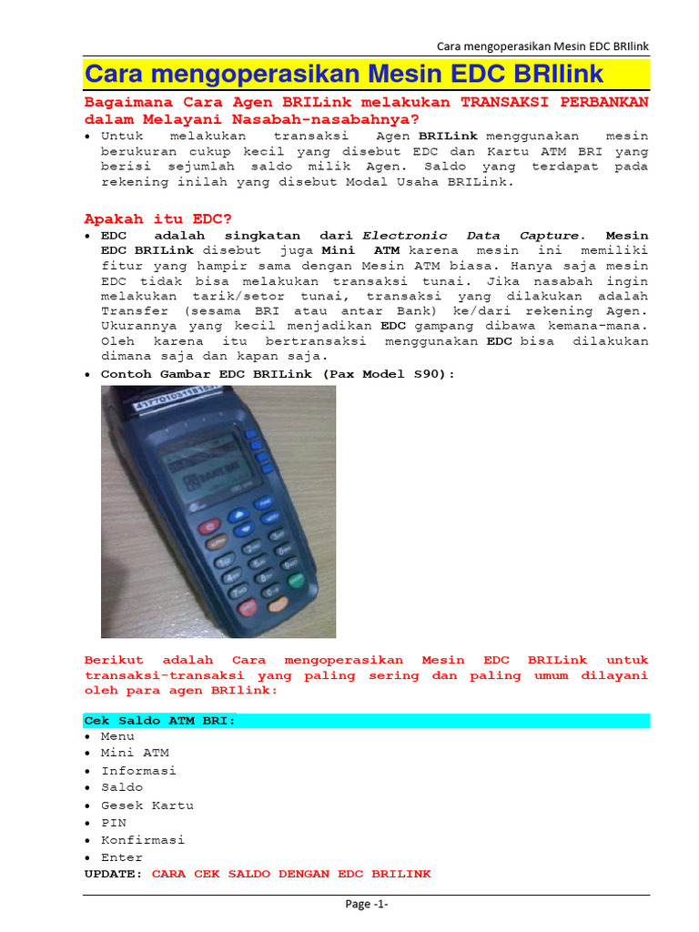 Cara Mengoperasikan Mesin EDC BRIlink | PDF