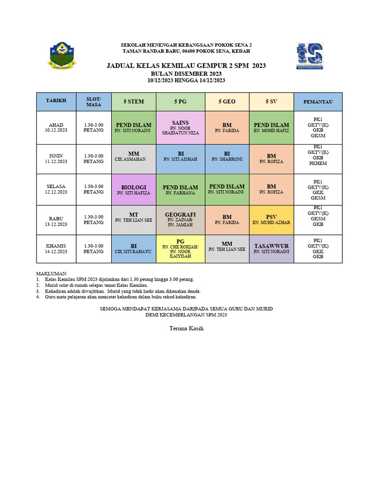 Jadual Kelas Kemilau Dis 10 Hingga 14 2023 Based On Anjal | PDF