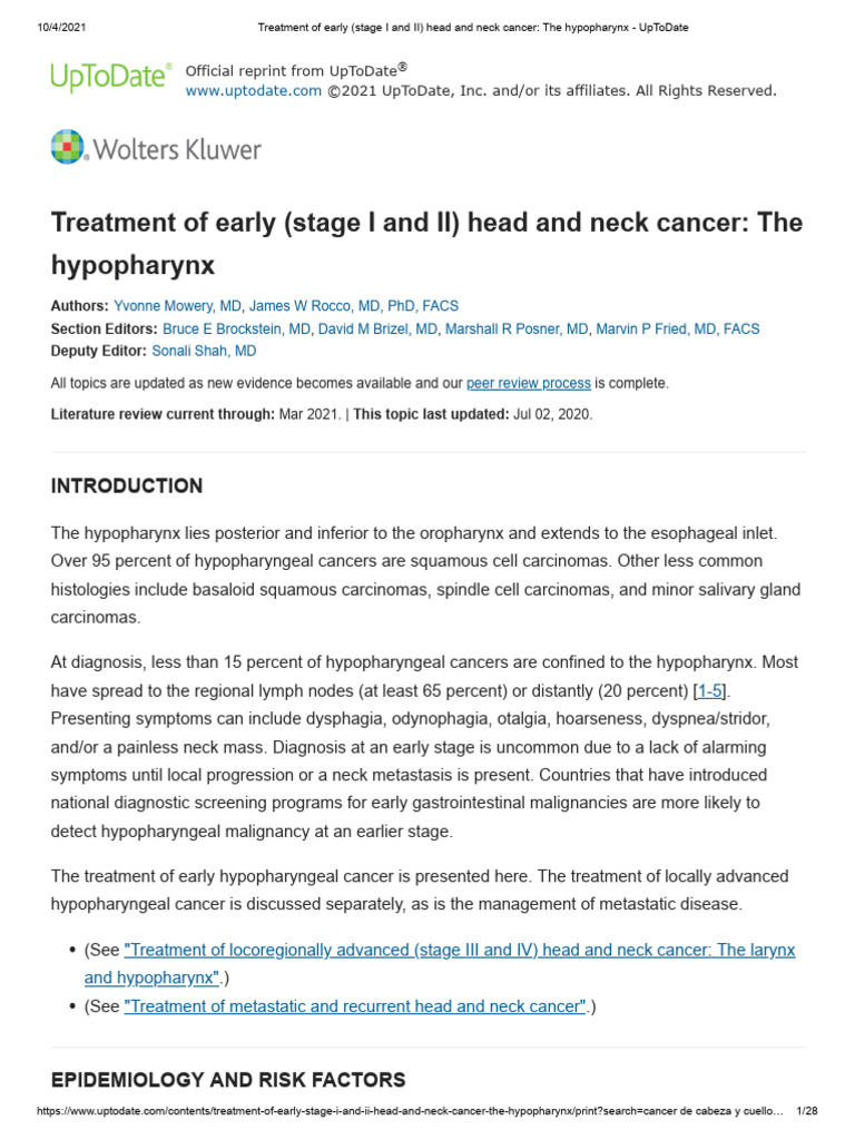 5.3 Treatment of Early (Stage I and II) Head and Neck Cancer - The Hypopharynx - UpToDate ...