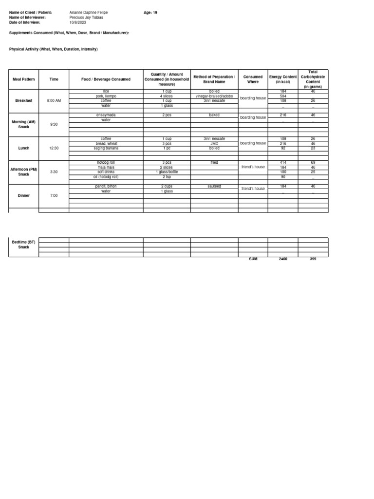 24-Hr Food Recall Form | PDF | Meal | Cuisine