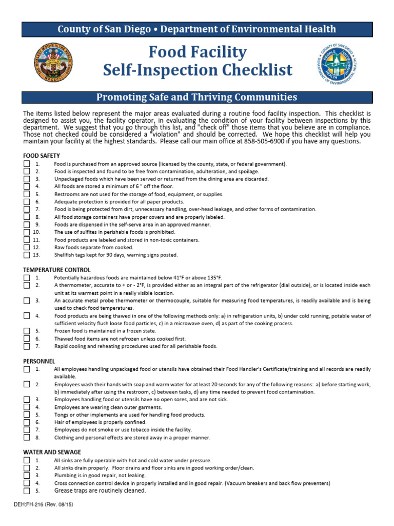 Food Facility Self Inspection Checklist | PDF | Hand Washing | Toilet