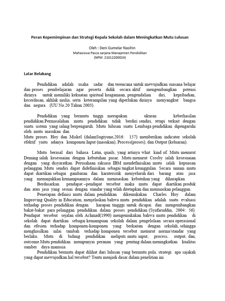 Jurnal Peran Kepemimpinan Dan Strategi Kepala Sekolah Dalammeningkatkan Mutu Lulusan | PDF