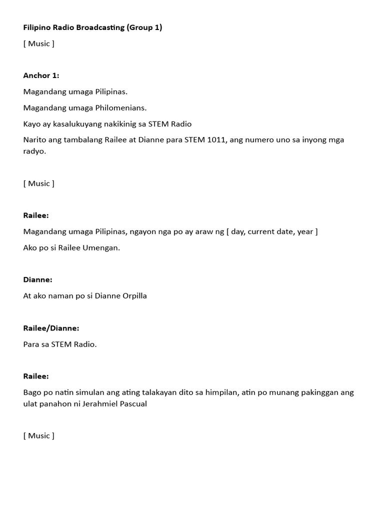 Filipino Radio Broadcasting Group 1 Final Script | PDF