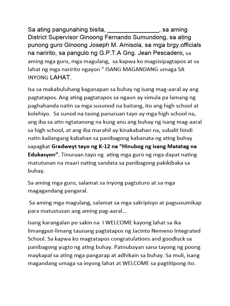 Welcome Remarks Tagalog | PDF