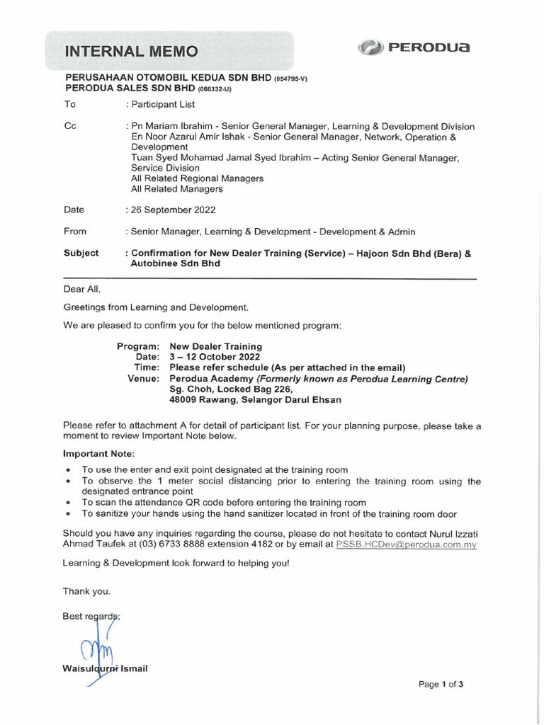 Confirmation Memo for New Dealer Training (Service) - A | PDF