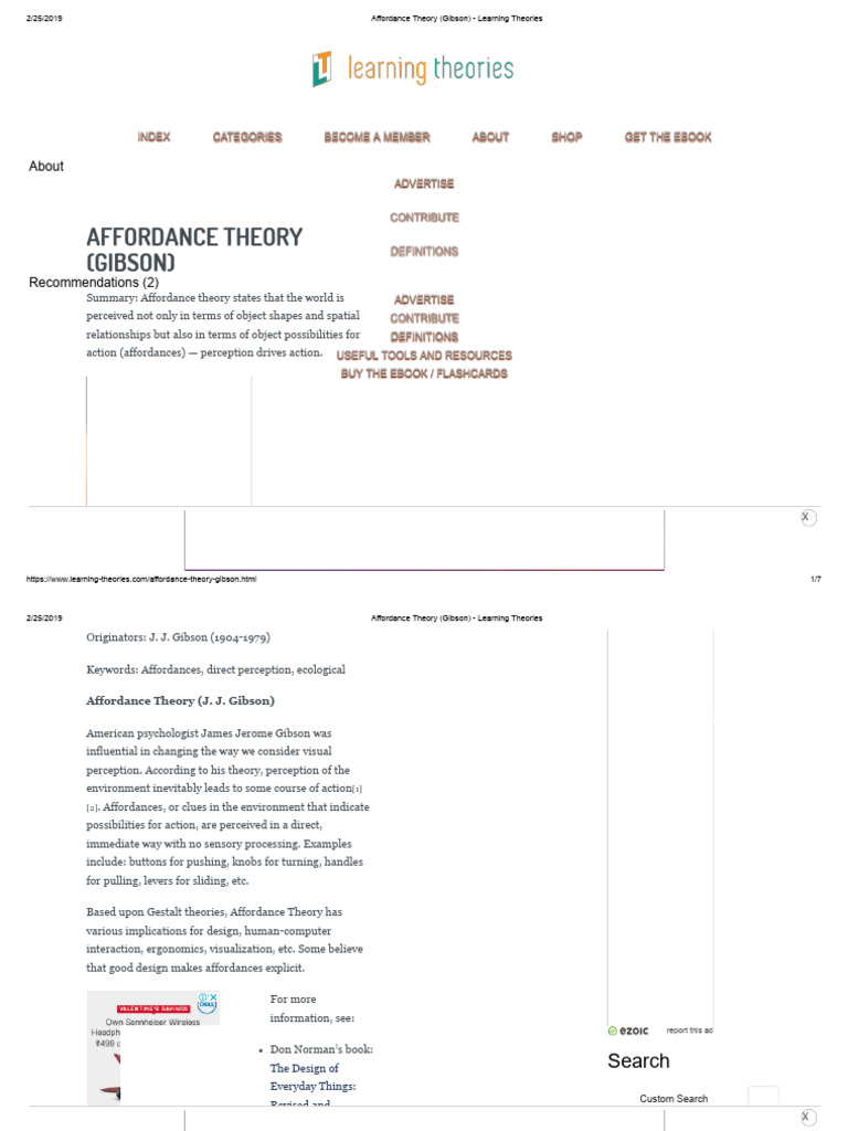 Affordance Theory (Gibson) - Learning Theories | PDF | Perception | Psychological Concepts