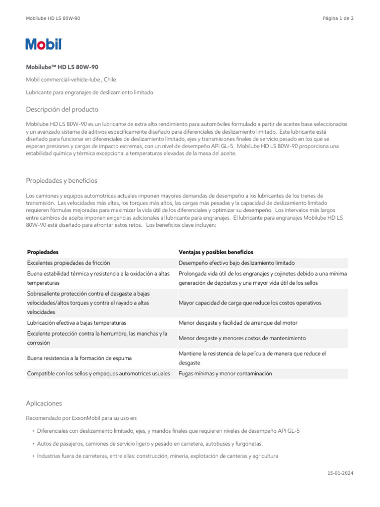 Ficha Tecnica Mobilube HD LS 80W-90 | PDF | Engranaje | Lubricante
