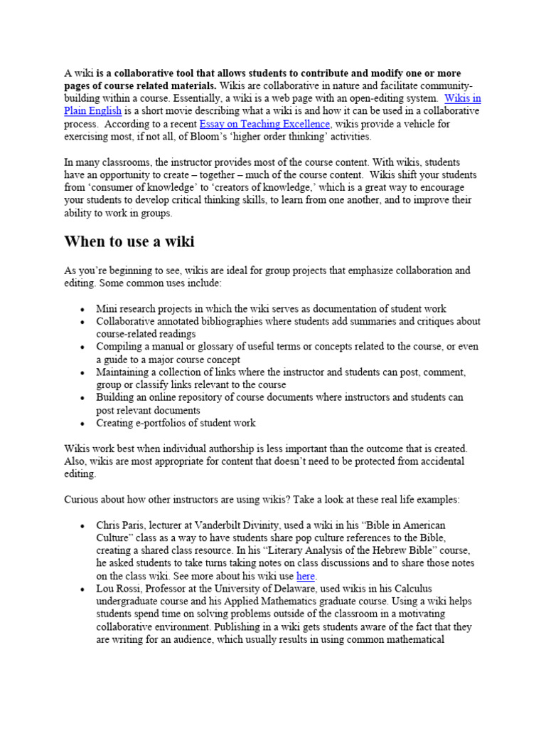When To Use A Wiki: Wikis in Plain English Essay On Teaching Excellence ...