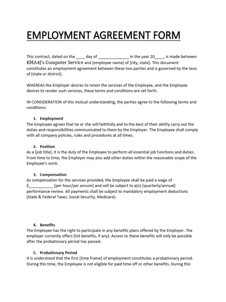 Employment Agreement Form | PDF | Employment | Labor